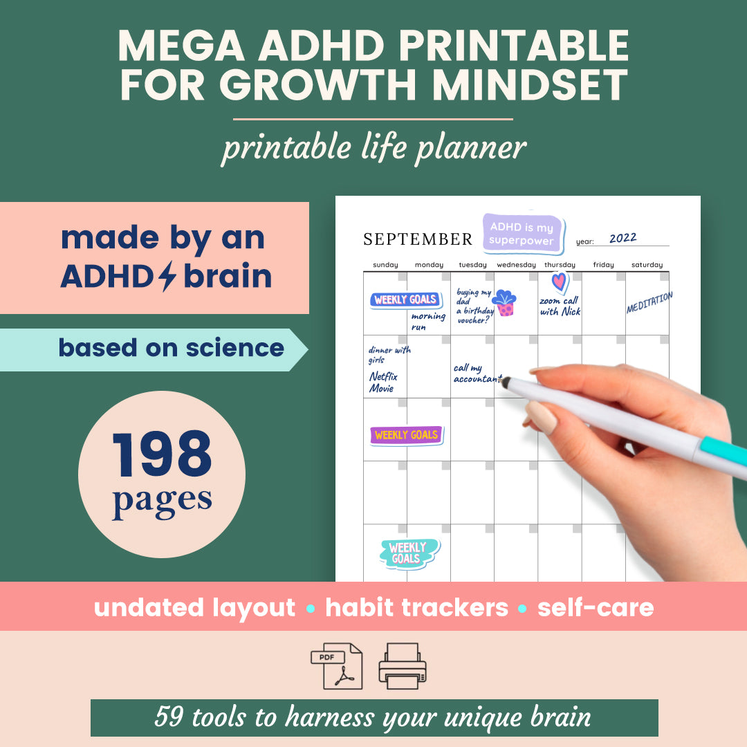 Mega ADHD Printable For Growth Mindset, ADHD Journal, ADHD Productivit ...